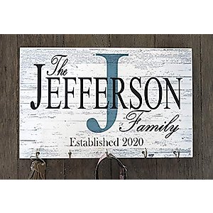 Broad Bay Family Name Sign Key Holder or Leash Hook Personalized Monogram Custom Wedding Gift Established Date EST. Rustic Farmhouse Wall Decor