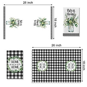 Seliem Summer Eucalyptus Greenery Kitchen Dish Towel Set of 2, Buffalo Plaid Check Absorbent Hand Drying Baking Cooking Cloth, Spring Seasonal Farmhouse Decor Bless Our Sweet Home Decorations 18 x 26