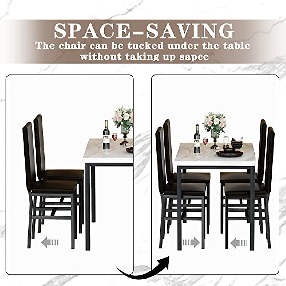 Hooseng Dining Table Set for 4- Space Saving Kitchen Table and Chairs for 4, Modern Style Faux Marble Tabletop & 4 PU Leather Chairs, Perfect for Dining Room,Breakfast Corner Small Spaces,Brown&White