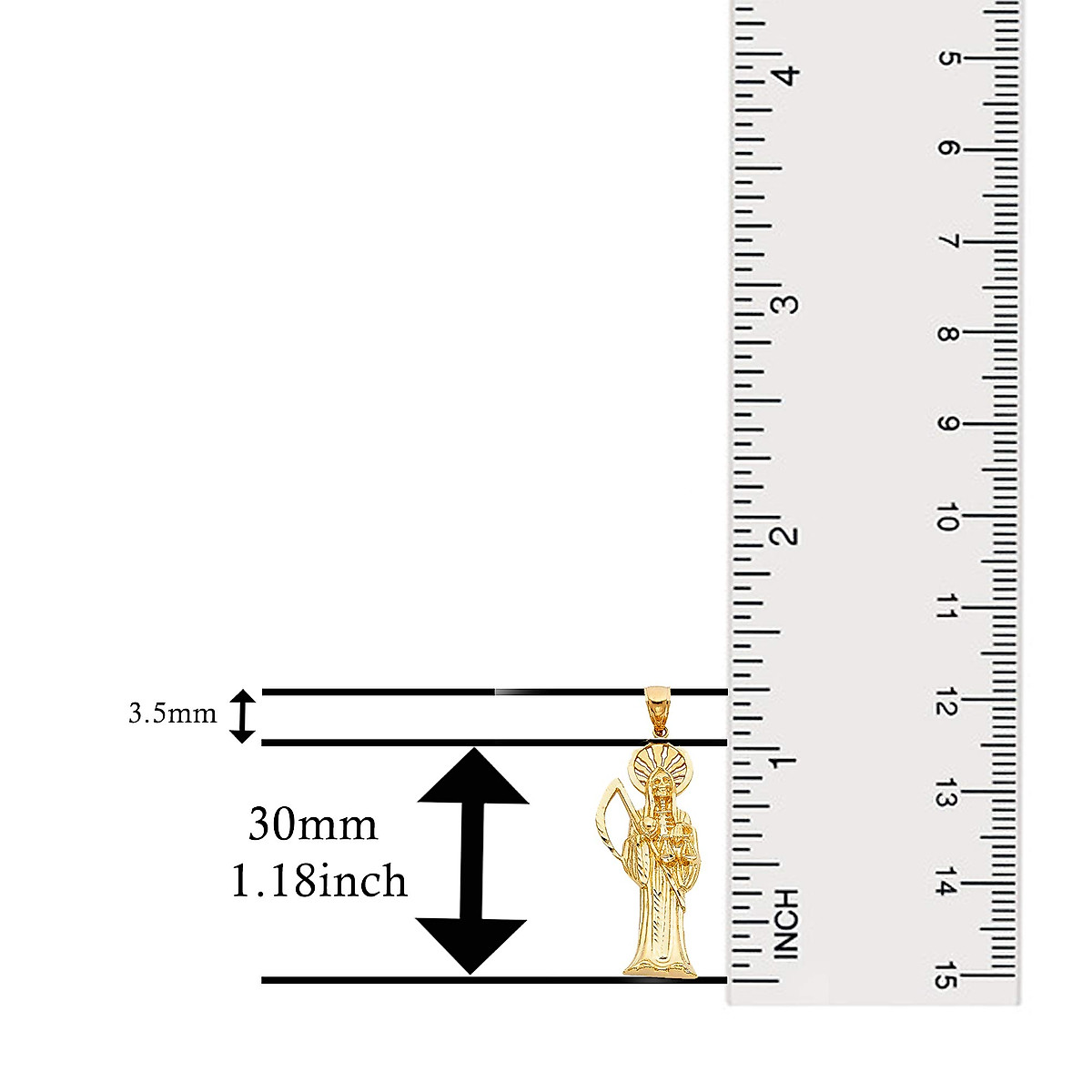 14k Yellow Gold Religious Santa Muerte Pendant - Height 30 MM Width 13 MM Avg. Weight 1.8 grams