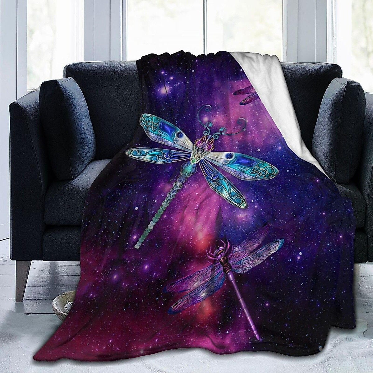Dragonfly Throw Blanket Flannel Fleece Galaxy Starry Sky Cozy Plush Ultra Soft Warm Blankets Fuzzy Party Blanket Caring Gifts for Girls Women Men Boys 50"X40"
