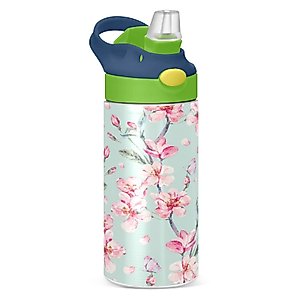 Pink Flowers Kids Water Bottle, BPA-Free Vacuum Insulated Stainless Steel Water Bottle with Straw Lid Double Walled Leakproof Flask for Girls Boys Toddlers, 12Oz