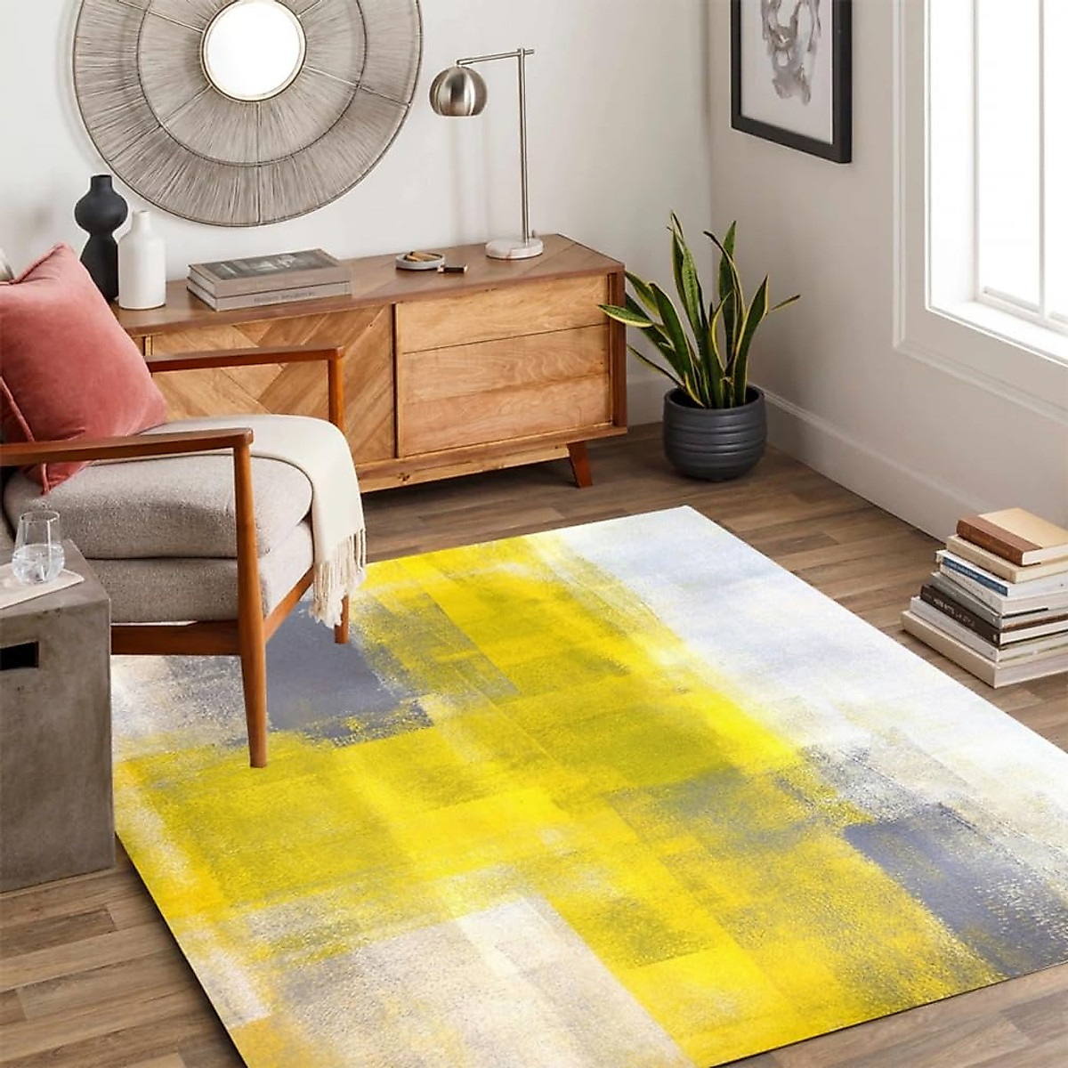 Yellow Grey Modern Abstract Area Rug 6x6 Aesthetic Square Arti Rug for Livingroom Bedroom Diningroom Ultra Soft Washable Office Kitchen Carpet Floor Runner Rugs