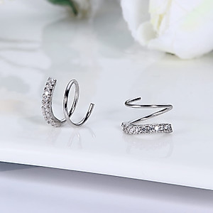FUNRUN JEWELRY 2Pairs 925 Sterling Silver Twist Wrap Spiral Earrings for Women Double Hoop Climber Cuff Earrings Hypoallergenic Tiny CZ Cartilage Twist Piercing Earrings