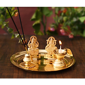 Collectible India Pooja thali Set for Aarti - Metal Laxmi Ganesh Idol Showpiece -Bhai Dooj Traditional Diya - Agarbatti Incense Stick Holders - Puja Article Spiritual Diwali Gift Items (1 Box)