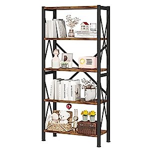 Homeiju 5-Tier Bookshelf, Wood Bookcase, Book Shelf with Steel Frame, Storage Rack with Open Shelves, Rustic Standing Bookshelves, Ladder Shelf for Bedroom, Living Room and Home Office