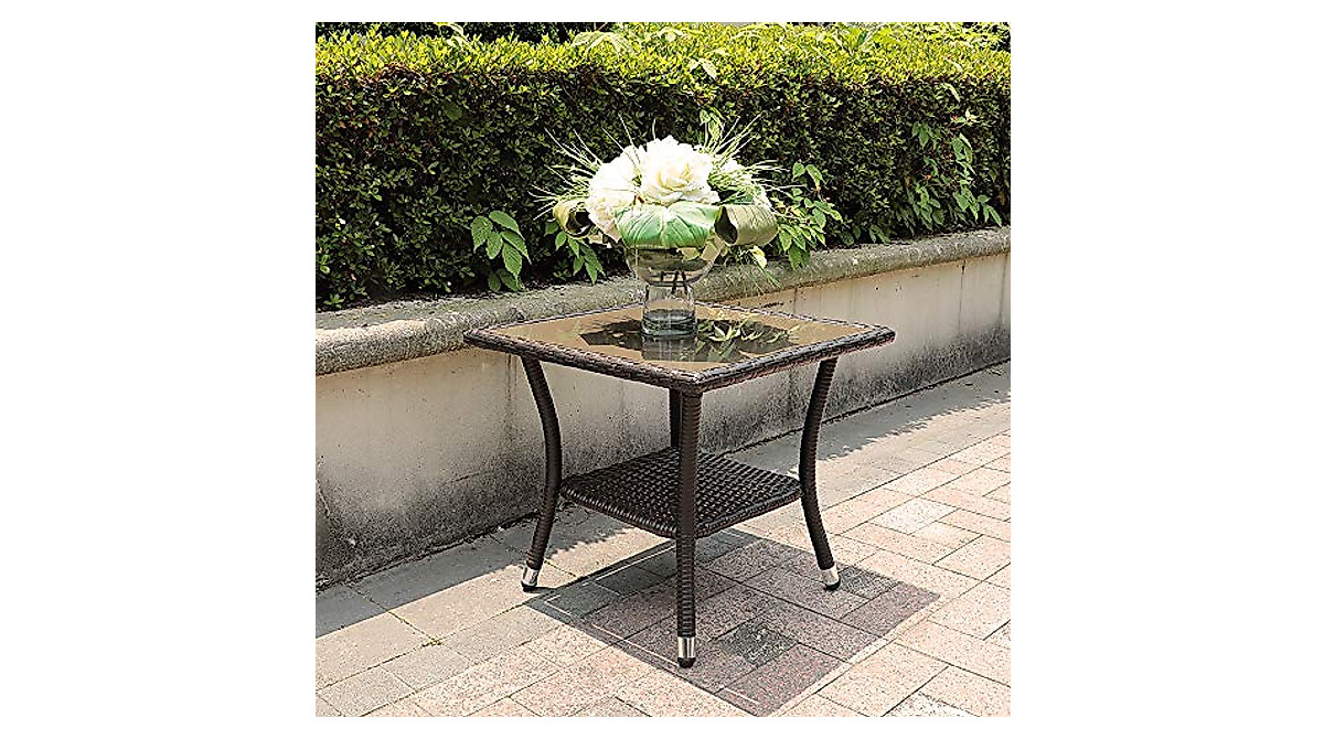 Super Patio Outdoor Wicker End Table with Glass Top | Stylish & Durable