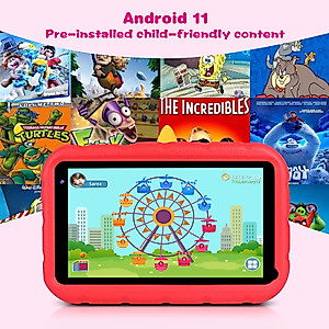 YESTEL Tablet for Kids 7 Inches, Android 11 FHD Kids Tablet 2GB RAM 32GB (Up to 128GB) with Shock- Proof Case, Reversible Stand, Dual Cameras, Red