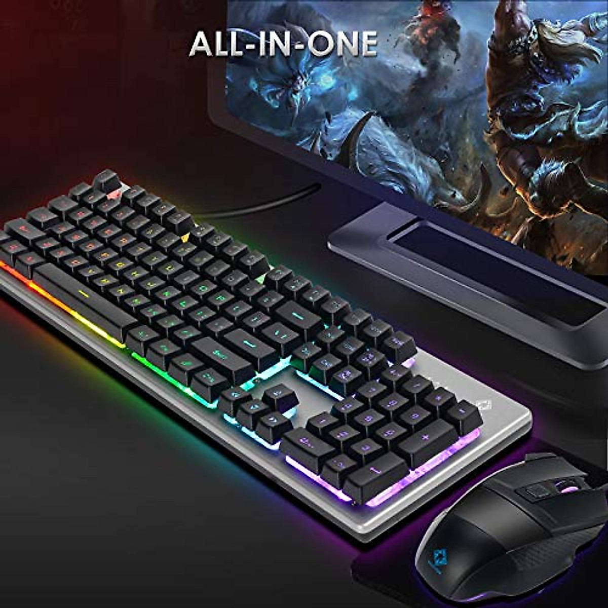 Beastron Gaming Keybaord and Mouse Gaming Mouse Pad, LED Rainbow Backlit USB Wired Computer Keyboard 104 Keys Mechanical Feel Gaming Keyboard Set for Windows PC Gamer, Black