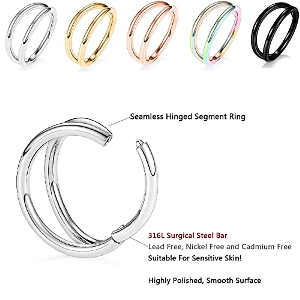 PEAKLINK 16G Cartilage Earrings Conch Hoop Ring Double Open Stacked Cartilage 316L Surgical Steel Septum Nose Rings 12mm Lobe Earrings Unisex Hoop Earrings Septum Daith Piercing Jewelry Gold