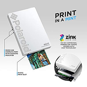 Zink Polaroid Mint Pocket Printer W/ Zink Zero Ink Technology & Built-In Bluetooth for Android & iOS Devices - White