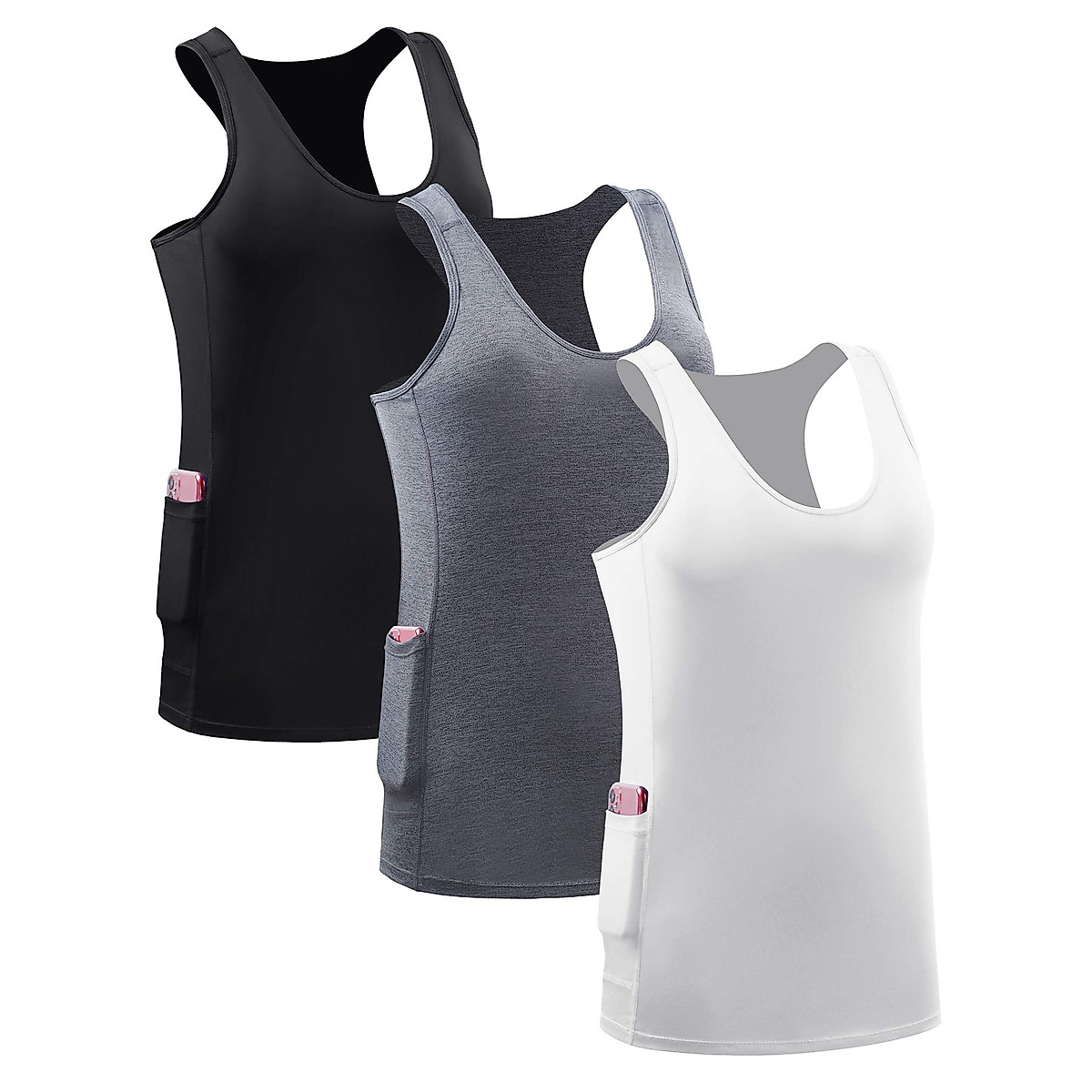 NELEUS Women's Running Tank Tops 3 Pack Racerback Workout Yoga Shirts with Pockets,8069,Black/Grey/White,L