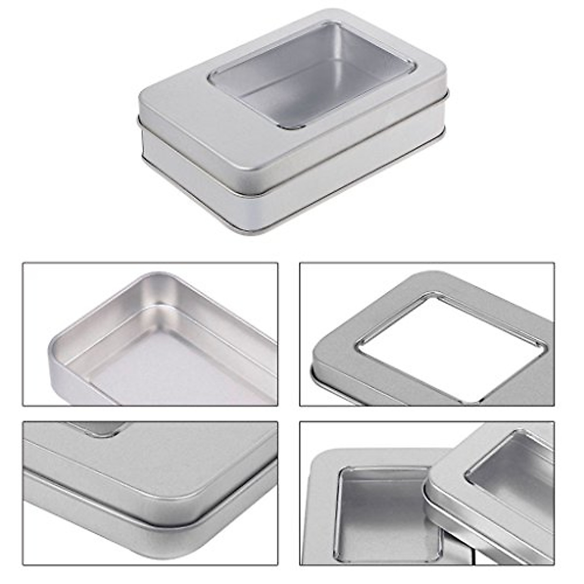 HELYZQ Rectangular Tin Silver Storage Box Case Organizer with Half Clear Window Lid