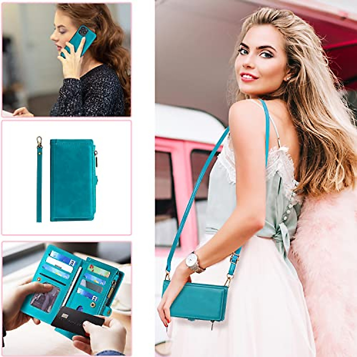 MInCYB Compatible with iPhone 14 Pro Wallet Case, Zipper Case with RFID Blocking Card Holder Slots for Women Men, Magnetic Detachable Leather Cover with Wristlet Strap for iPhone 14 Pro. Blue