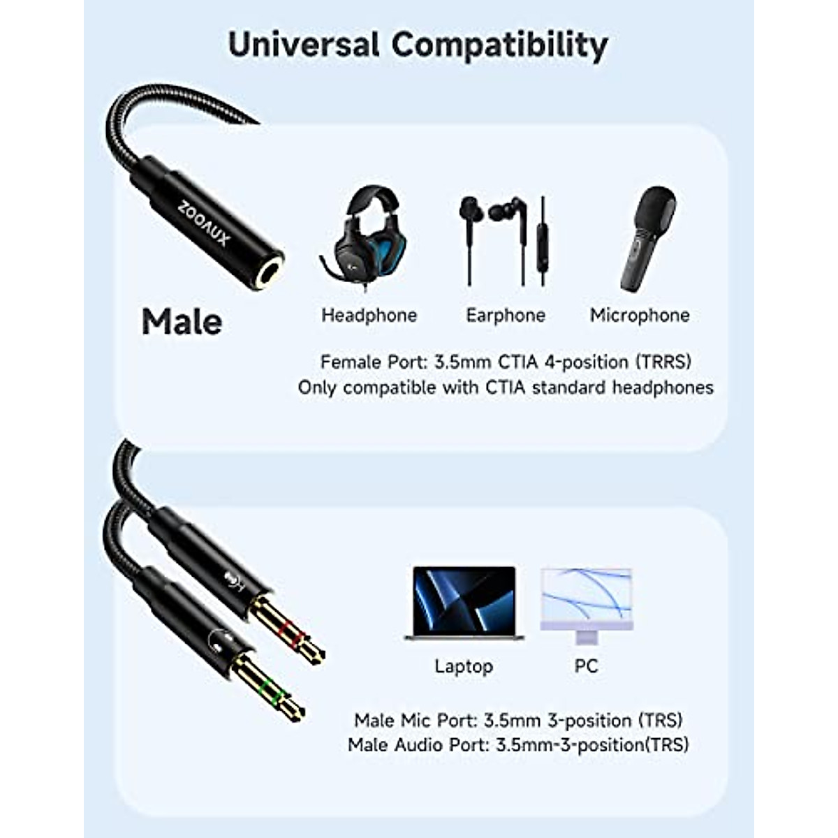 ZOOAUX Headphone Splitter Mic Cable for Computer, 3.5mm Headphone Mic Stereo Y Splitter, Headset 3.5mm Female to 2 Dual Male Microphone Audio Jack Stereo Jack to Gaming Speaker PC Adapter