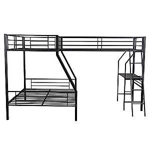 VOGU Metal Triple Bunk Beds, Twin Over Full Bunk Bed Attached Twin Loft Bed with Desk, L-Shape Triple Beds Frame with Ladders and Guardrails, Safe Design for Kids Teens Adults, Black-3