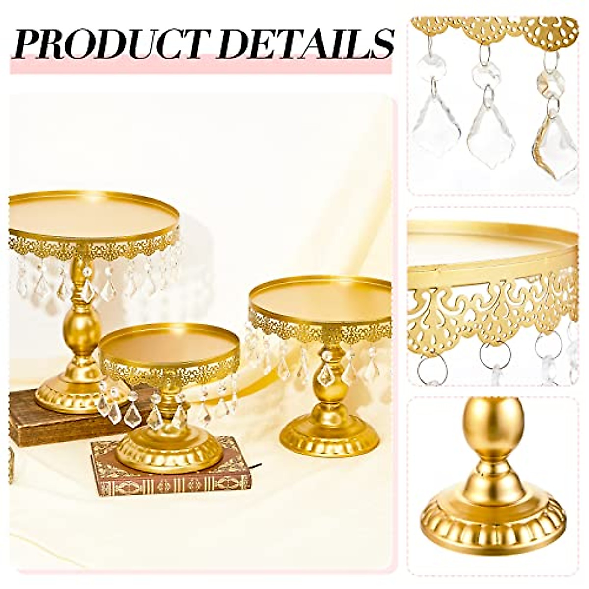 3 Pcs Rose Gold Cake Stand Set Round Cake Stand with Crystal Bling Pendants Dessert Table Display Set for Wedding Event Birthday Party Dessert Table (Gold)
