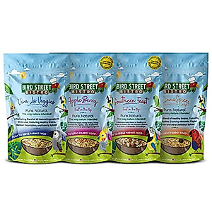 Bird Street Bistro Parrot Food Sample 4 Pack - Parakeet Food - Cockatiel Food - Bird Food - Cooks in 3-15 min w/Natural & Organic Grains - Healthy, Non-GMO Fruits, Healthy Orientated Spices