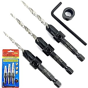 FTG USA Wood Countersink Drill Bit Set 3 Pc Countersink Drill Bit #6#8#10 Tapered Drill Bits with Improved Countersink Connection Drill Bit to Hex Shank Without Pin, 1 Stop Collar, 1 Allen Wrench