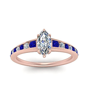 Jewelryonclick Graduated Channel Diamond Ring rose gold plated Created Blue Sapphire Marquise shape Blue color Side Stone Engagement Rings channel Setting in Size 6 Fashion Jewelry