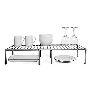 Smart Design Premium Extendable Storage Shelf – Lengthen from 16 to 32.5 in, Charcoal Gray – Steel Pantry Organizer with Rust-Resistant Finish and Non-Slip Feet for Easy Home Organization and Storage
