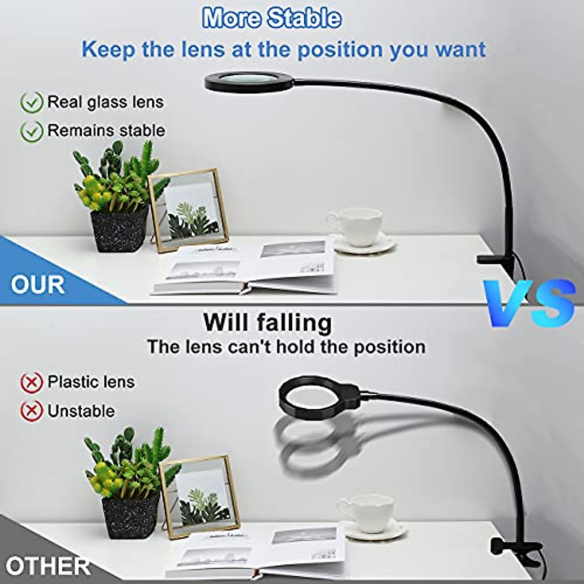 10X Magnifying Glass with Light, Real Glass Veemagni Desk Lamp with Clamp, 3 Color Modes Stepless Dimmable, Adjustable Gooseneck LED Lighted Magnifier with light and Stand for Crafts Repair Close Work