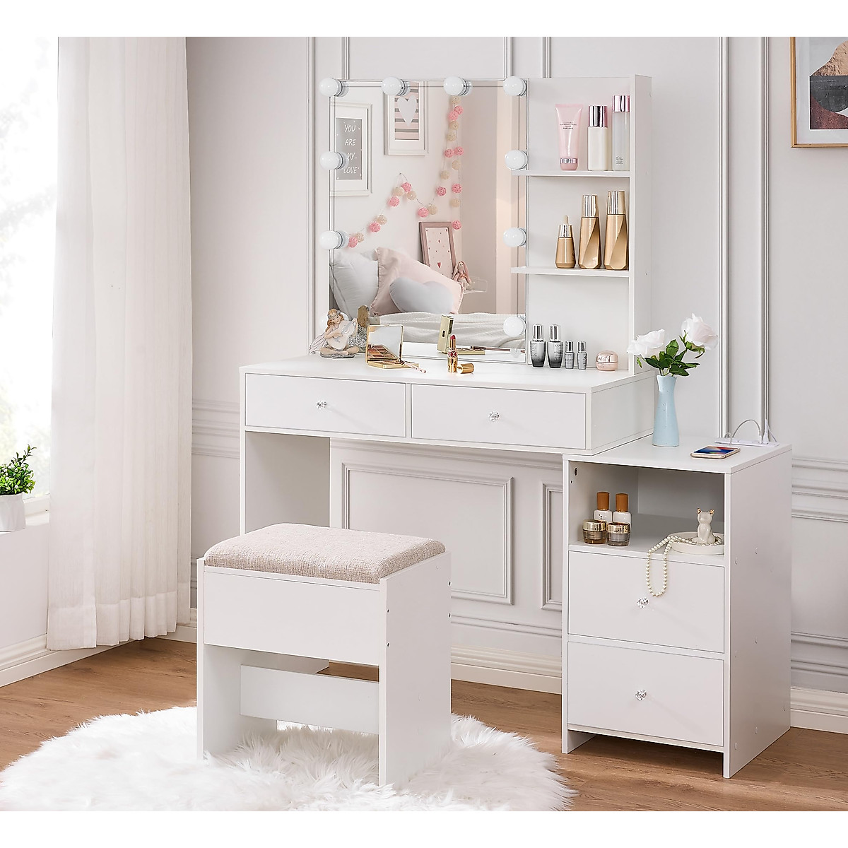 ANWBROAD Makeup Vanity Desk Vanity Set with LED Lighted Mirror Makeup Vanity Table Set with Charging Station Nightstand 3 Colors Modes Dimming Cushioned Stool (Crystalline Handles) UBDT13W