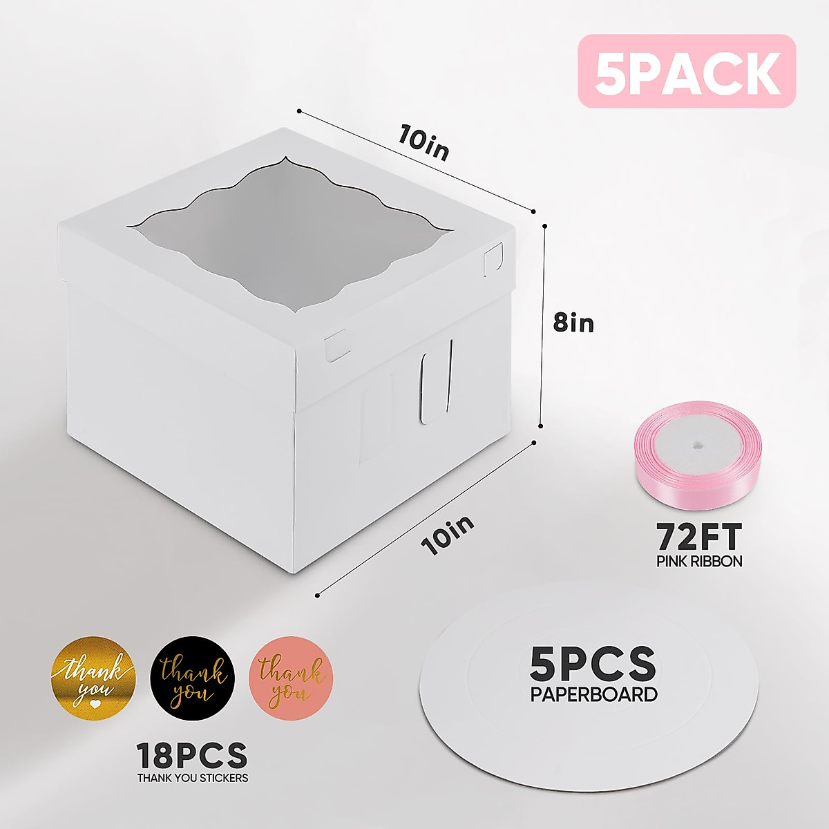 Zeonly 5 Pcs 10x10x8 inch Corrugated Cake Boxes with Cake Boards,10 inch Tall Cake Box with Stickers and Ribbon for Christmas Wedding Birthday Party