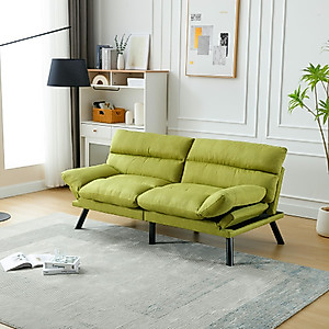 HRVEOCEI Convertible Futon Sofa Bed Couch,Morden Futon Couch Bed,Comfy Loveseat Sleeper Sofa Bed with Folding Armrests&Adjustable Backrests for Bedroom,Living Room,2 Seats,Fabric (Green)