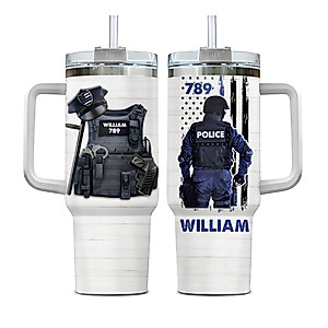 Hyturtle Personalized Police Tumbler Custom Name and Number Thin Blue Line Gifts For Men Police Officer 40 Oz Tumbler With Lid And Straw Birthday Christmas Stuff For Police Officers