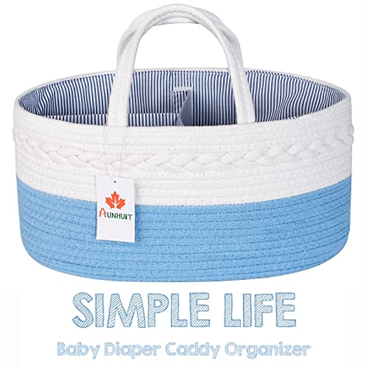 Large Baby Diaper Caddy Organizer Blue 100% Cotton Rope Basket Nursery Storage Bin Portable for Changing Table/Car Hanging Travel Bag Tote Newborn Registry Must Have Baby Boy Shower Gift Basket
