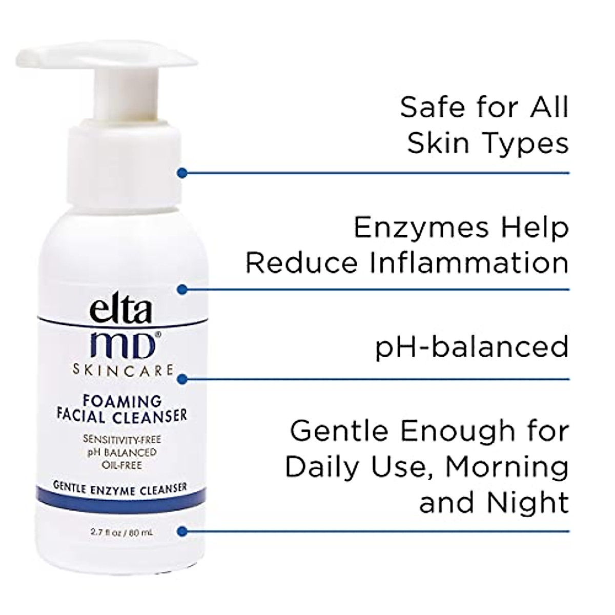 EltaMD Foaming Facial Cleanser, Exfoliating Face Cleanser, Helps Remove Oil and Dead Skin Cells, For All Skin Types, Oil Free, Paraben Free, Sensitivity Free, Sensitive Skin Face Wash, 2.7 oz Pump