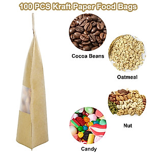 Stand Up Pouch Bags, 100 Pack Kraft Pouch with Tear Notch and Matte Window, Resealable Zip Lock Food Storage Bag (4.7IN X 7.9IN)