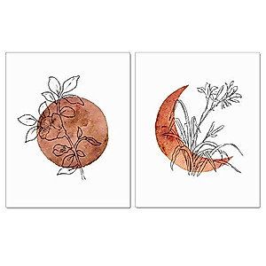 Terracotta Sun and Moon Print, Flower Sun, Minimal Wall Art, Boho Decor, Abstract Moon, Flower Line Print, Sunset Art, Set of 2 Prints - 8x10 inch - No Frame