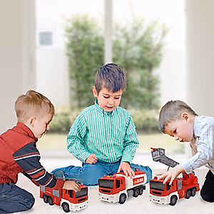 ArtCreativity Light Up Fire Trucks for Kids, Set of 3, Includes Ladder Truck, Tanker Truck, & Engine Truck, Fire Trucks with Real Water Spraying, LEDs, & Sound, Push n Go Fire Trucks for Boys & Girls