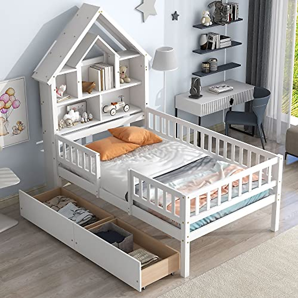 OPTOUGH Twin Size House-Shaped Storage Headboard Bed,Wooden Bedframe with Full Length Fence Guardrails and Drawers for Kids Teens,No Spring Box Needed,White