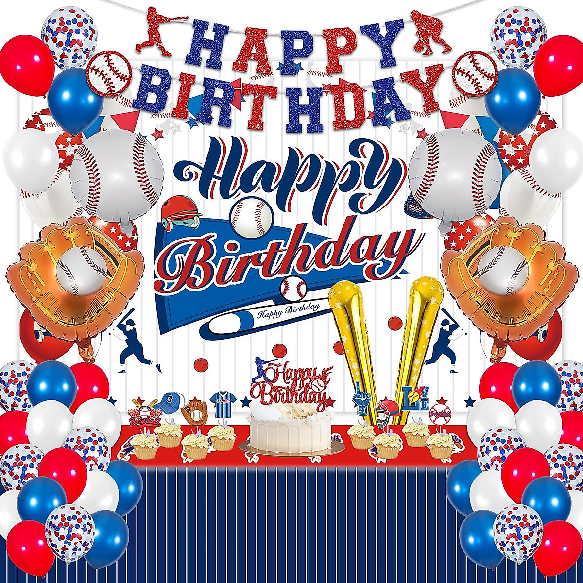 Baseball Birthday Party Decorations, Baseball Balloons Party Supplies, Including Navy Blue Balloons, Baseball theme Background, Tablecloth, Happy Birthday Banner, Cupcake/Cake Toppers