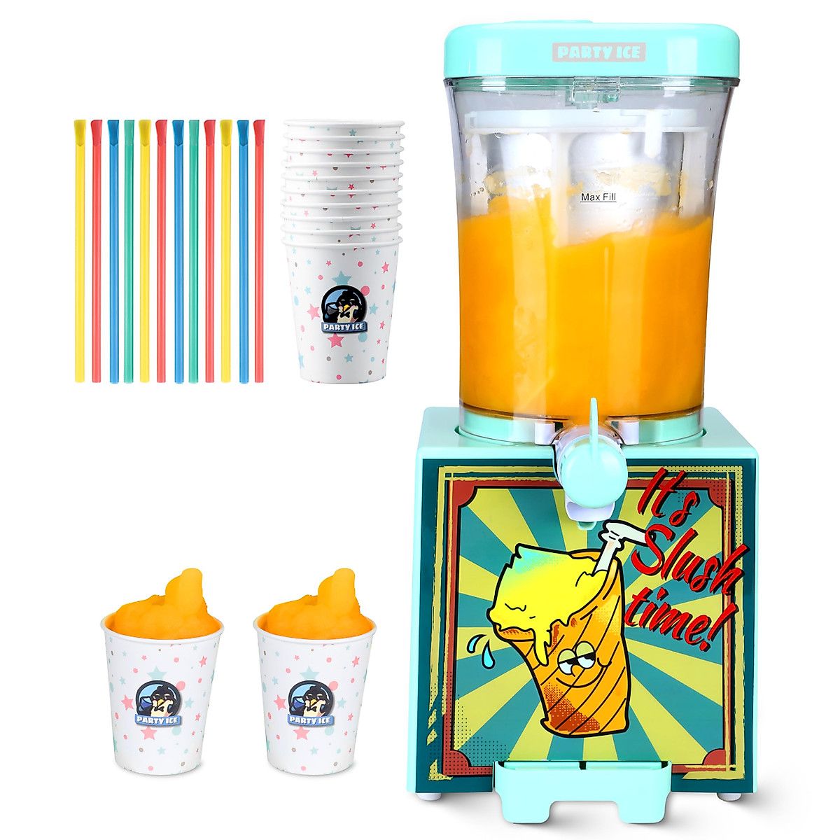 Party Ice Slushie Machine for Home with 10 Cups & Spoon straws, Countertop Slushie Maker Frozen Drink Machine for Kitchen, Turn Any Sugary Drinks into Slushie, Aqua
