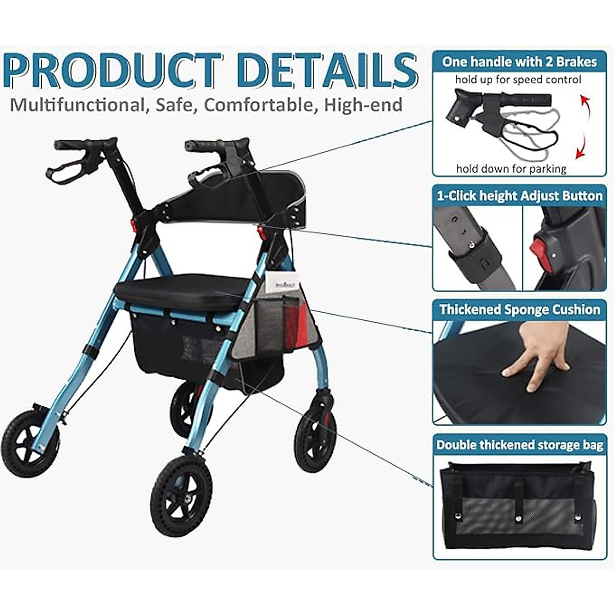 BlessReach Heavy Duty Rollator Walker - Aluminum Rolling Walker for Seniors and Adults with Large Seat, Support Up 450 lbs (Blue)