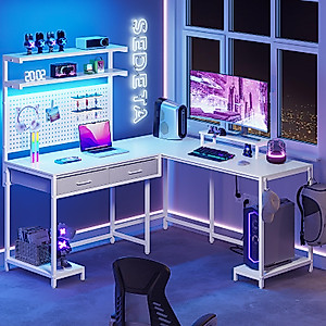 SEDETA White L Shaped Gaming Desk with LED Lights and Drawers, Gaming Desk with Hutch & Pegboard, Computer Desk with Monitor Stand, Storage Shelves, Home Office Desk Corner Desk, Gaming Table