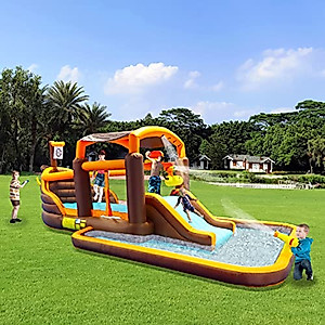 Inflatable Water Slide, Inflatable Playground Backyard Water Park with Climbing Wall, Playground Sets for Kids Backyard, Cruise Ship Design Splash Pool & Basketball & Blower
