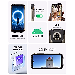 DOOGEE Rugged Smartphone(2022), S96 GT 6.3" 8GB+256GB Waterdrop Screen Rugged Phone Unlocked, Android 12 Phone, Night Vision, 48MP Quad Camera, IP68 Waterproof Ourdoor Cell Phone, NFC, OTG, Dual 4G