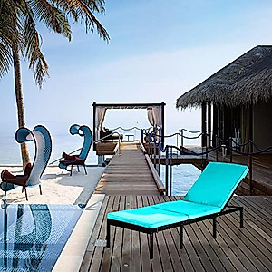 Outdoor Patio Chaise Lounges Chairs Furniture Adjustable Wicker Couch Bed Blue Thick Cushion.