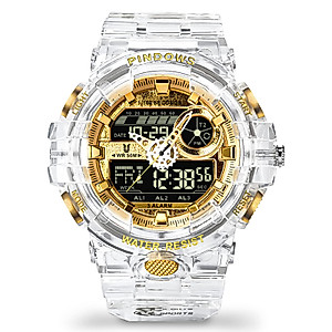 PINDOWS Watch for Men Digital Sports Watch, Outdoor Waterproof Military, LED Screen Large Face Dual Dial Time and Stopwatch Alarm Wristwatch (White Gold)