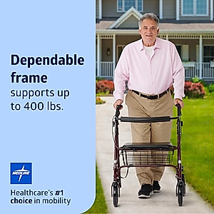 Medline Heavy Duty Rollator Walker with Seat, Bariatric Aluminum Rolling Walker Supports up to 400 lbs, Burgundy