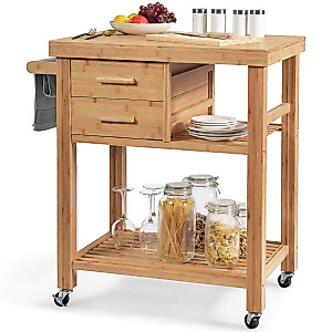 Giantex Kitchen Island, Bamboo Island Cart, Kitchen Trolley Cart on Wheels, Rolling Kitchen Cart, 2 Drawers, Towel Rack, Casters with Lock (Natural)