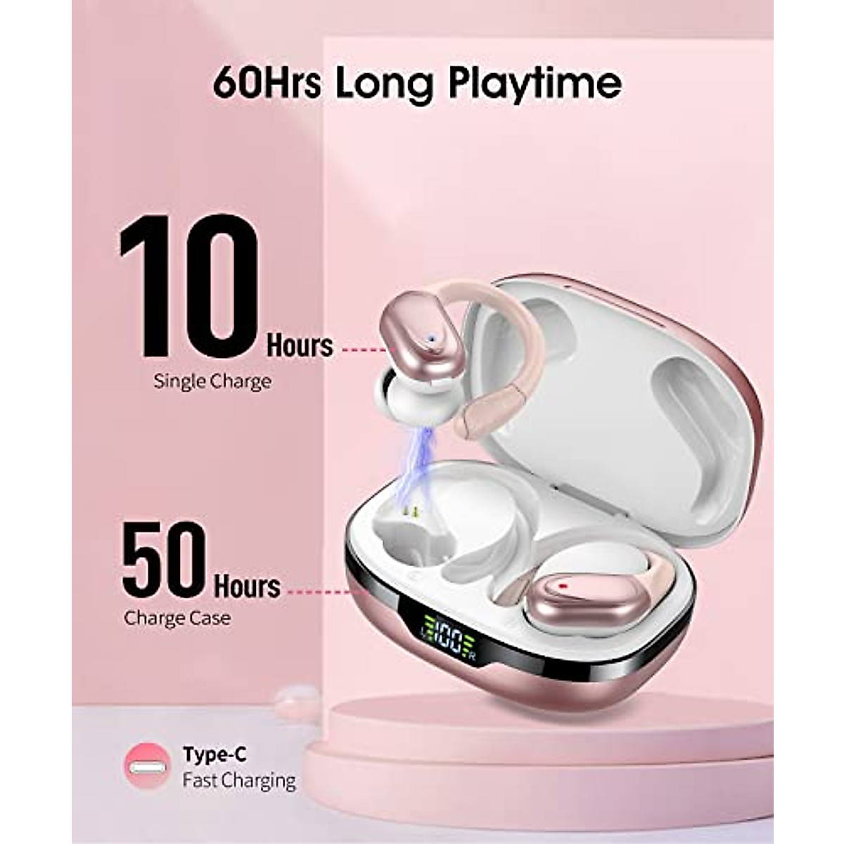 CASCHO Wireless Earbuds Bluetooth Headphones 60Hrs Playtime HD Stereo Audio Digital LED Display Over-Ear Earphones with Earhook Waterproof Headset with Mic for Sport Running Workout