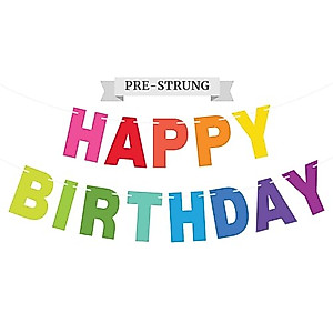 Pre-Strung Happy Birthday Banner - NO DIY - Colorful Birthday Party Banner - Pre-Strung Garland on 8 ft Strands - Bold Multi Color Rainbow Birthday Party Decorations & Decor. Did we Mention no DIY?