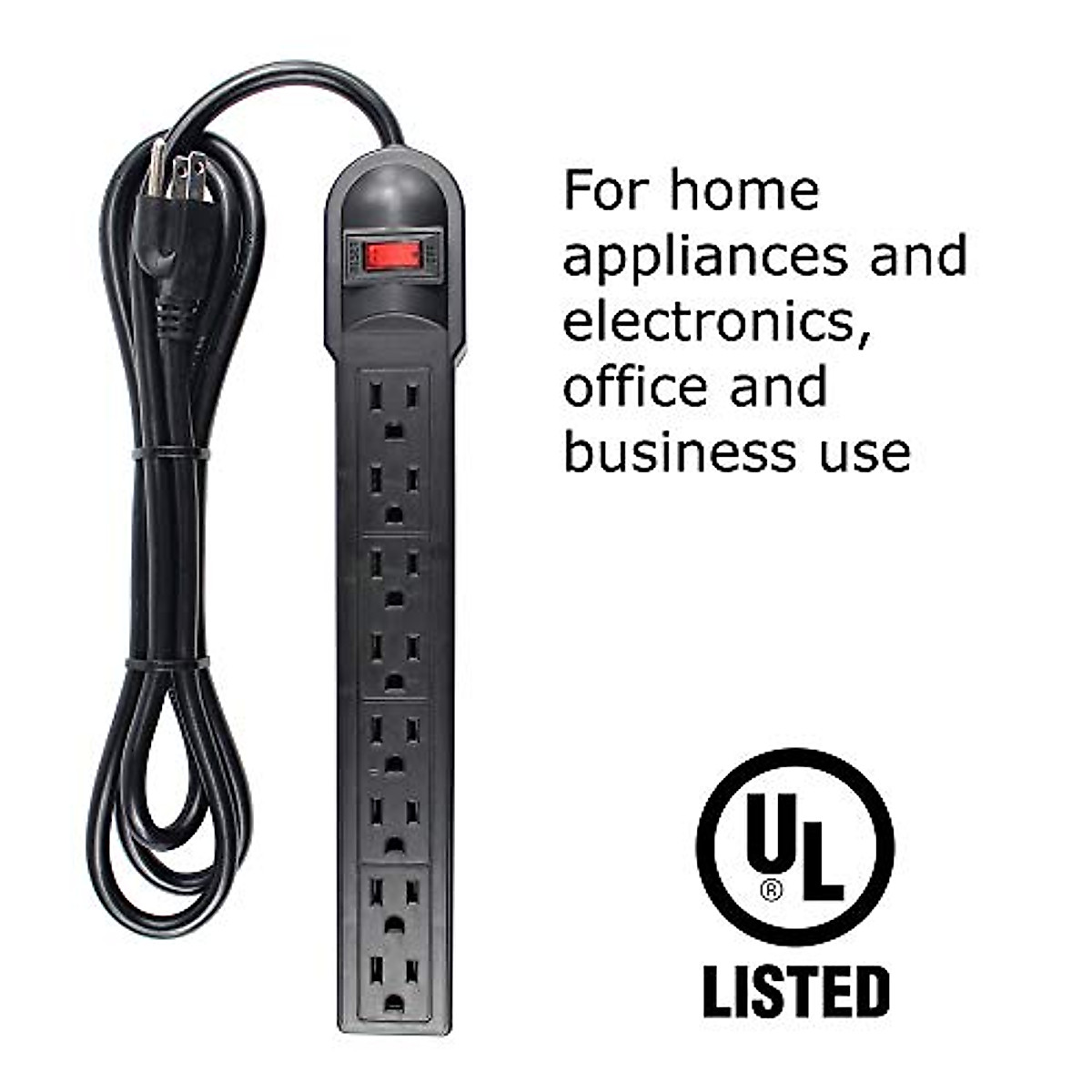 J.VOLT 8 Port Power Strip Surge Protector, 6 Feet Cord with Lit Switch, for Home Office School Shop Garage, Wall Mountable,750J 15A 125V 1875W, 14AWG, UL Listed, Black