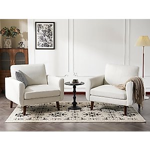 ELUCHANG Accent Chair Set of 2, Oversized Mid Century Modern Chair Living Room Chairs, Soft Linen Fabric Sofa Chairs Upholstered Arm Chair Comfy Chair for Bedroom Apartment (Creamy White)
